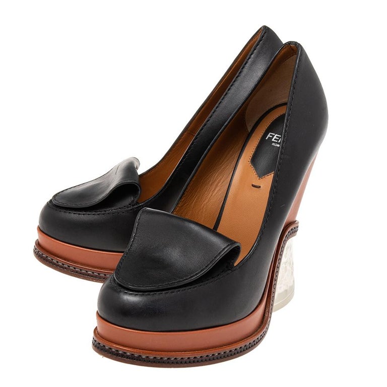 Fendi Brown/Black Leather Wedge Loafer Pumps Size 36 For Sale at 1stDibs