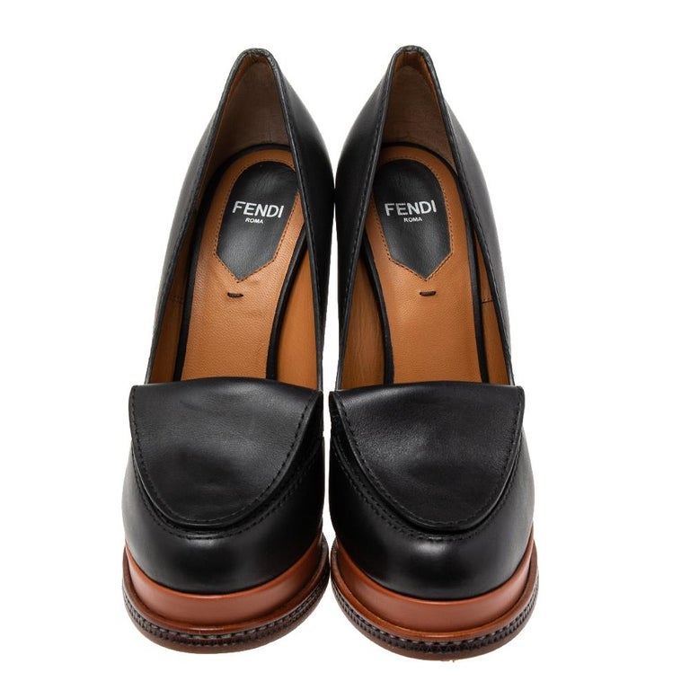 Fendi Brown/Black Leather Wedge Loafer Pumps Size 36 For Sale at 1stDibs