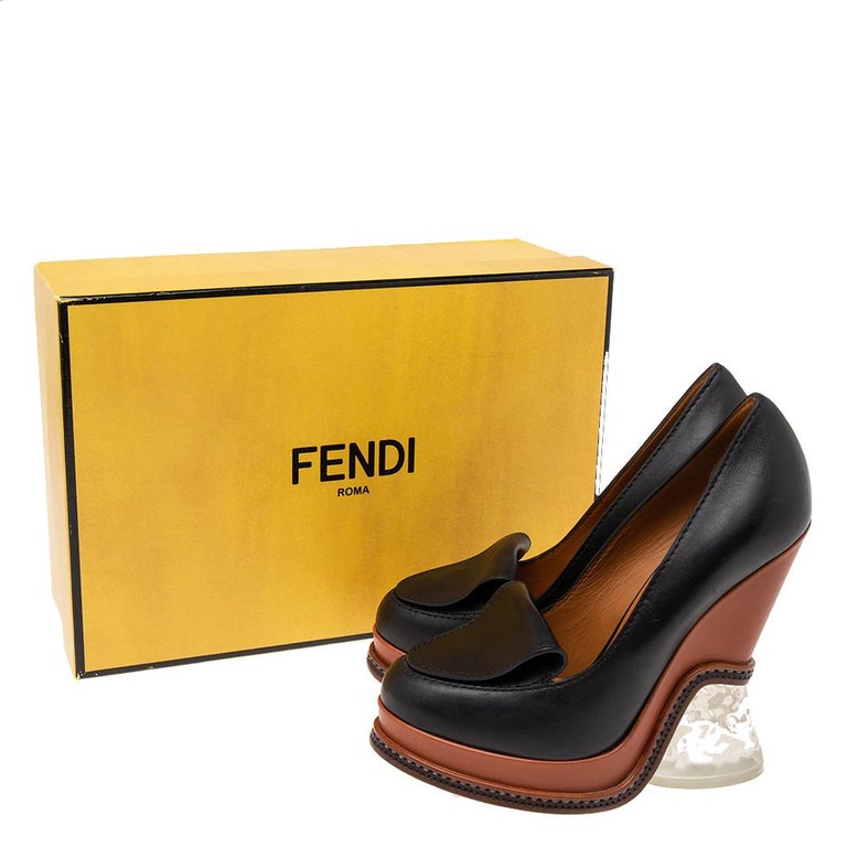 Fendi Brown/Black Leather Wedge Loafer Pumps Size 36 For Sale at 1stDibs
