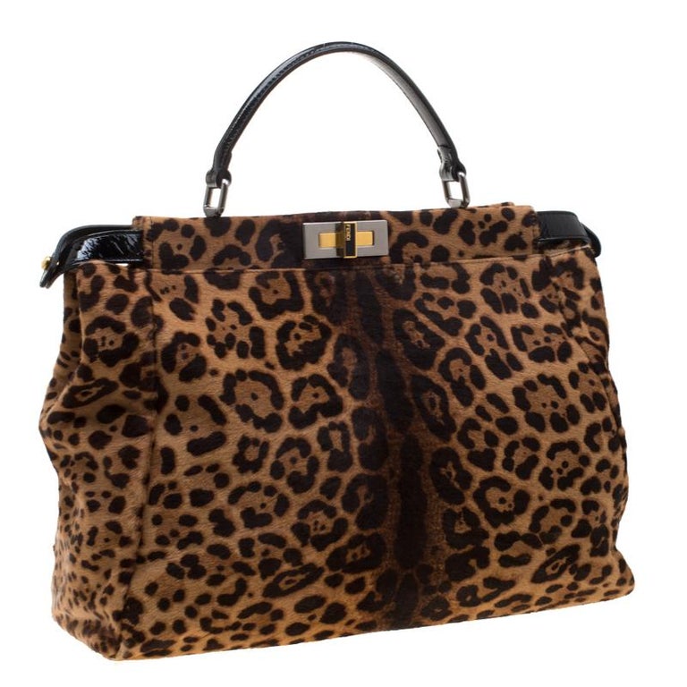 Fendi Brown/Black Leopard Print Calfhair Large Peekaboo Top Handle Bag ...