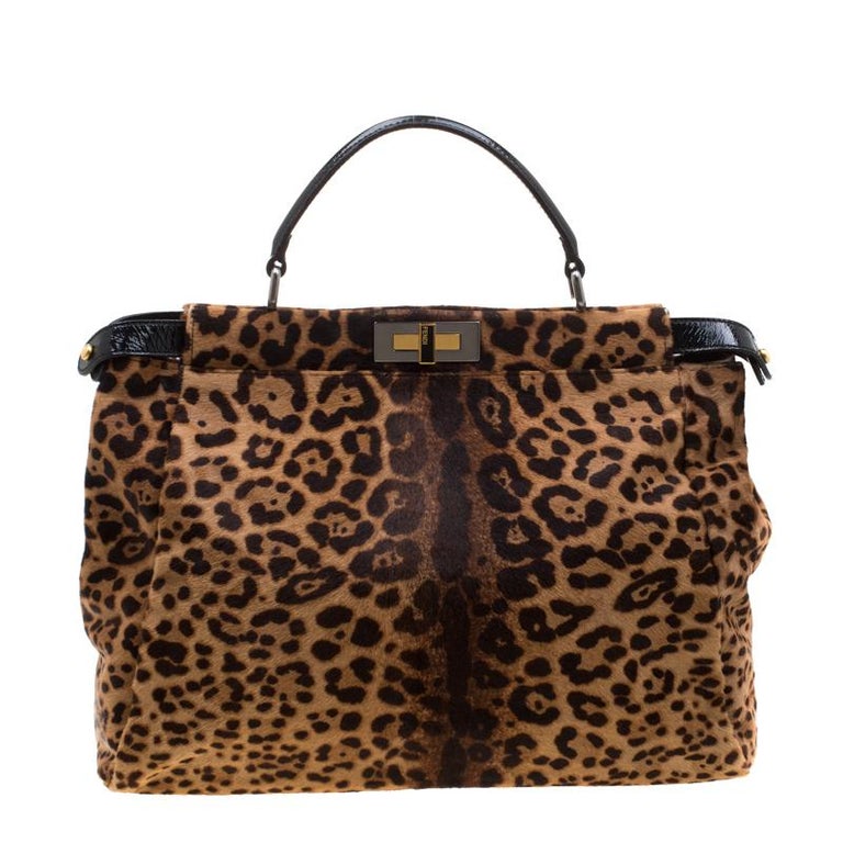 Fendi Brown/Black Leopard Print Calfhair Large Peekaboo Top Handle Bag ...