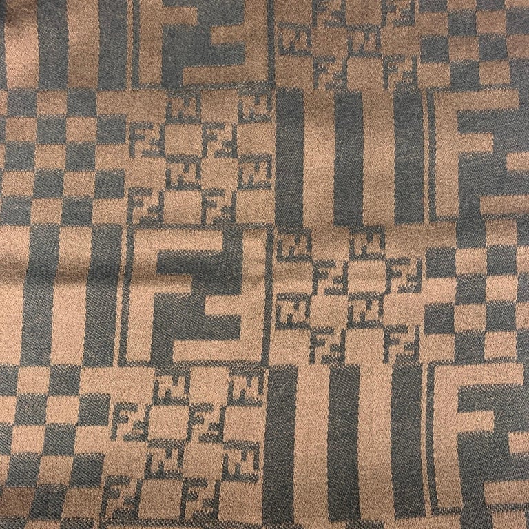 FENDI Brown Black Logo Wool Fringe Scarf For Sale at 1stDibs