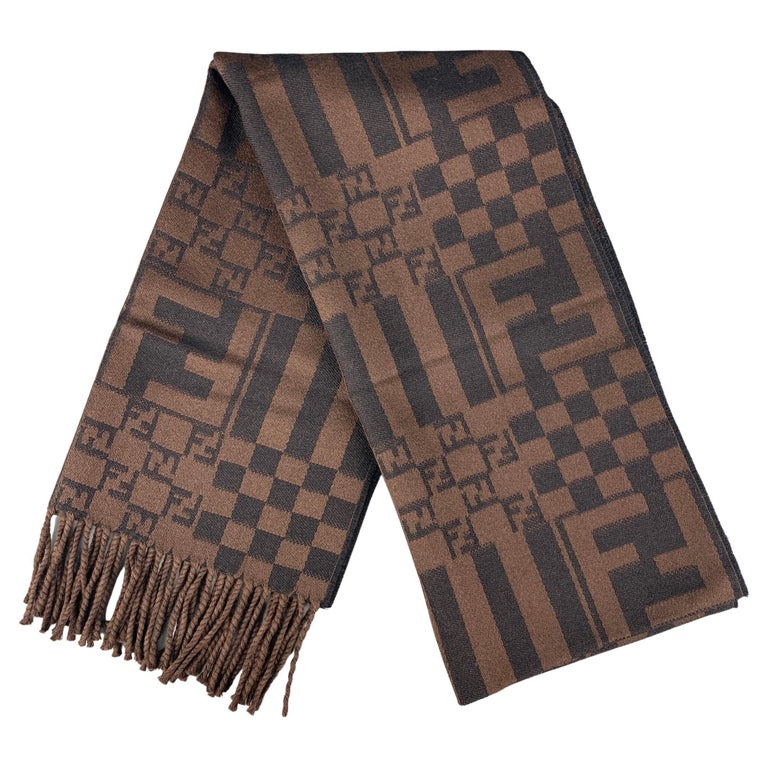 FENDI Brown Black Logo Wool Fringe Scarf For Sale at 1stDibs