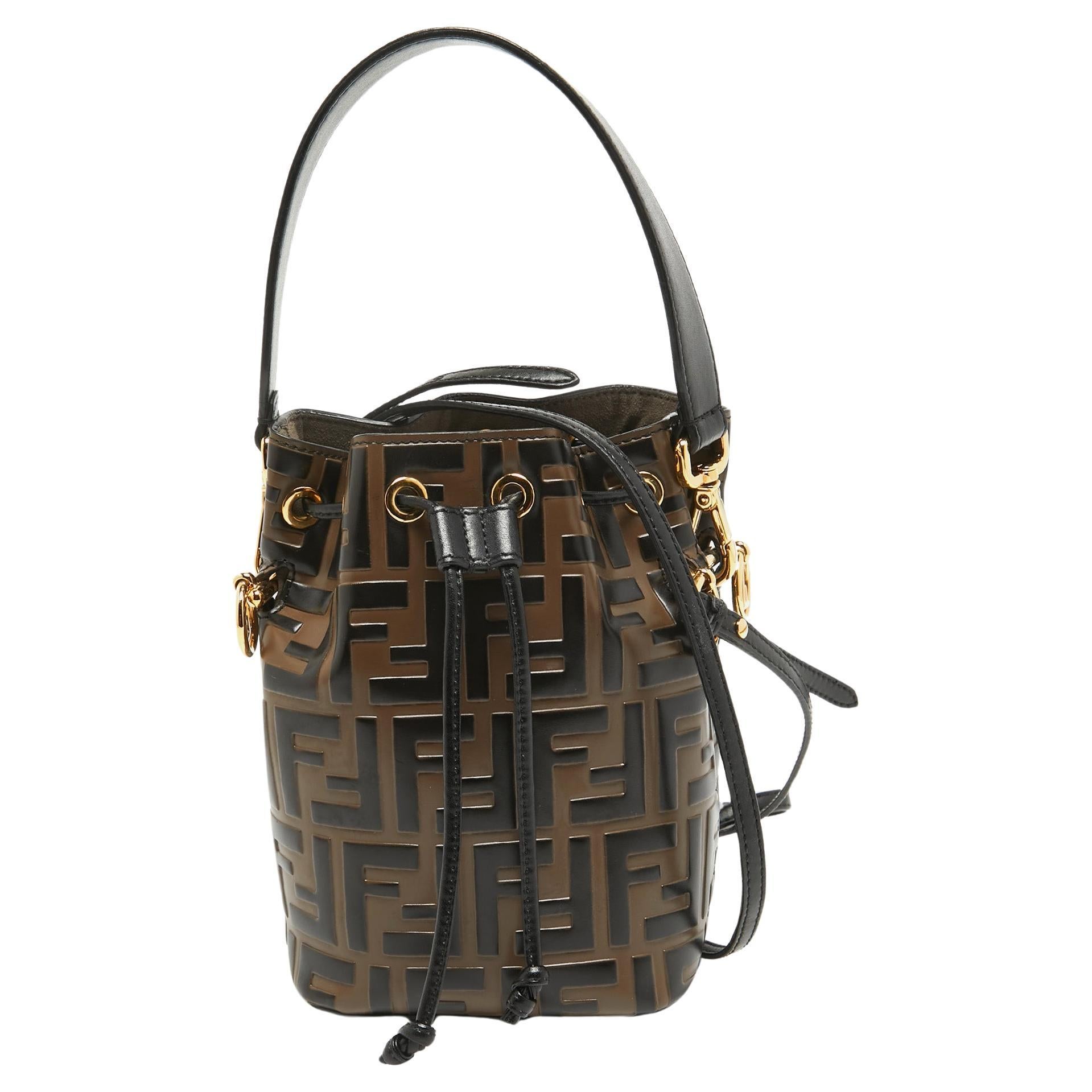Fendi Brown/Black Zucca Leather Mini Mon Tresor Drawstring Bucket Bag For Sale at 1stDibs