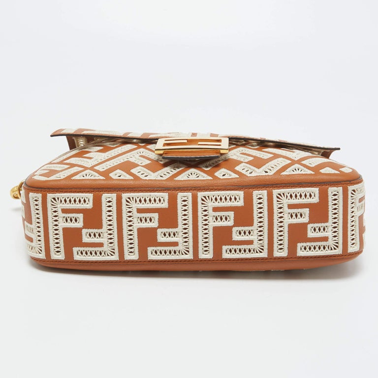 Fendi Brown FF Embroidery Fabric and Leather Baguette Shoulder Bag For ...