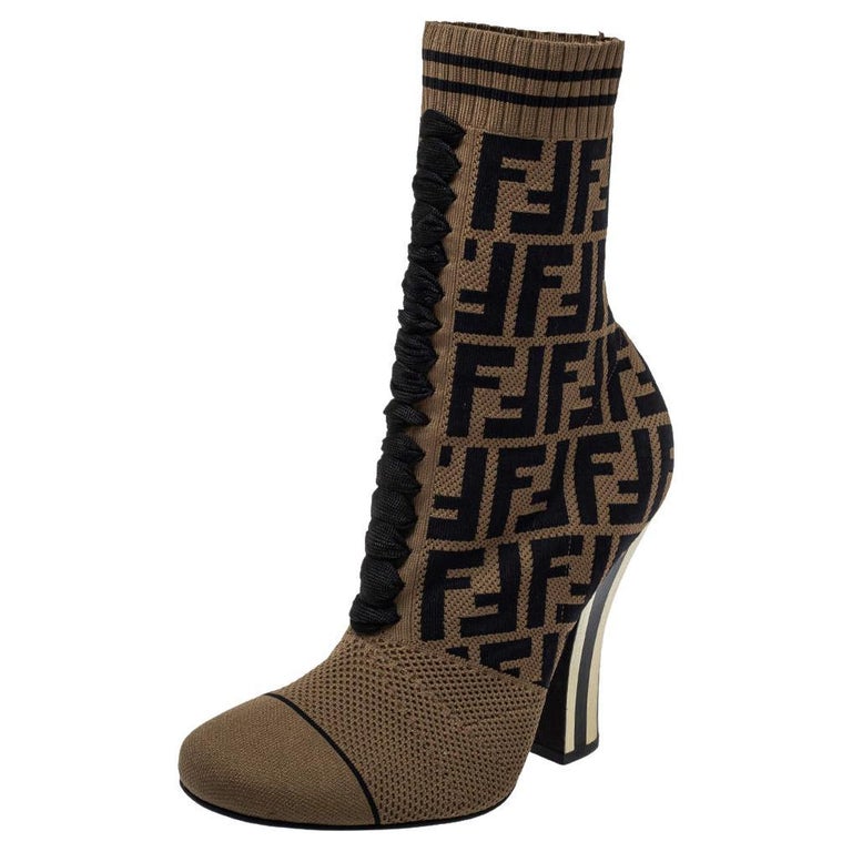 Fendi Brown Knit Fabric FF Logo Ankle Boots Size 39 For Sale at 1stDibs
