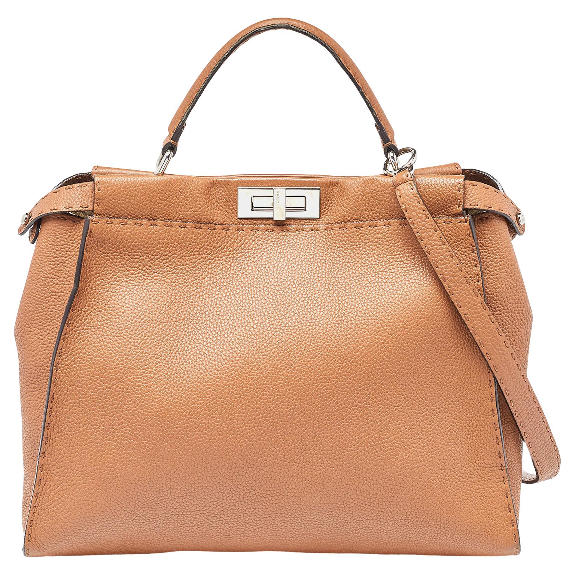 Fendi Brown Leather Large Peekaboo Top Handle Bag For Sale at 1stDibs