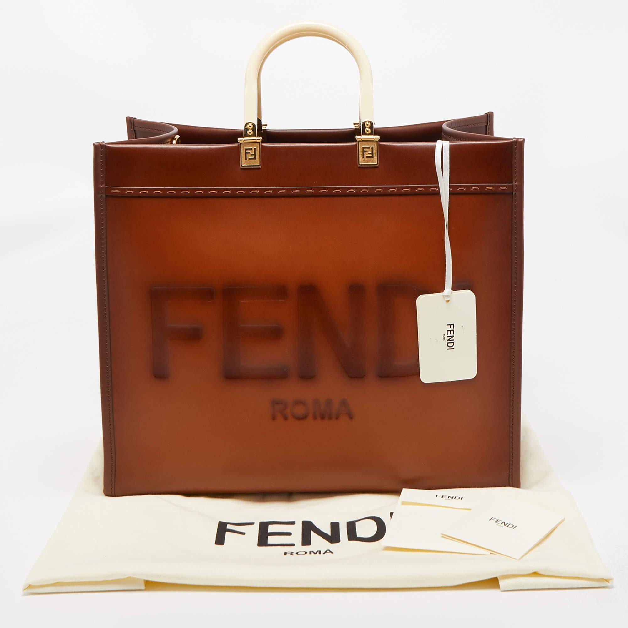 Fendi Brown Leather Large Sunshine Shopper Tote For Sale at 1stDibs