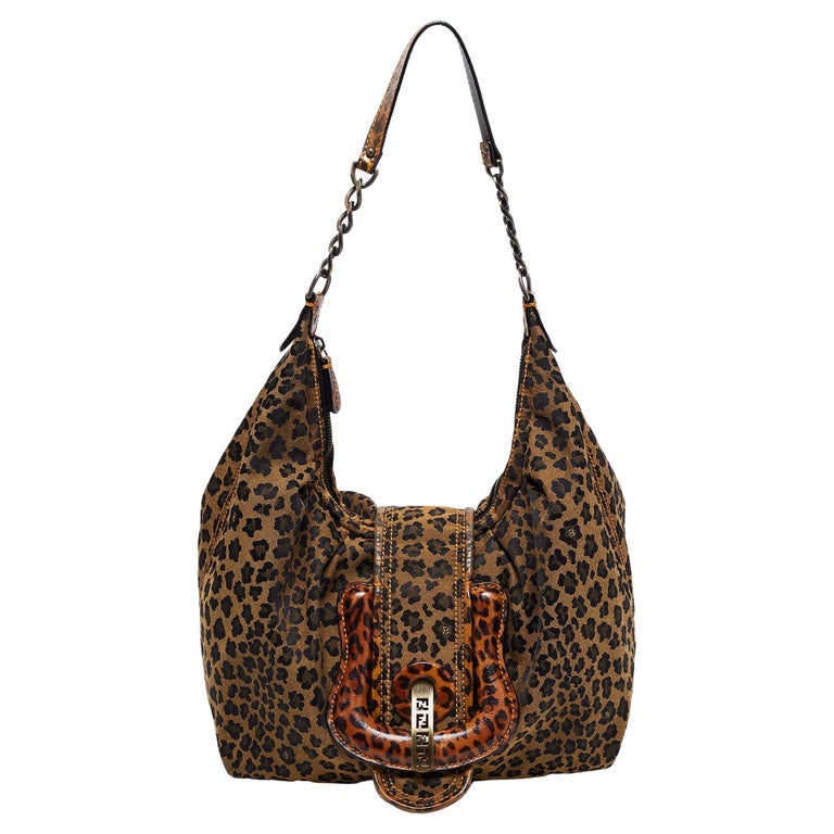 Fendi Brown Leopard Print Canvas B Bag Tote For Sale at 1stDibs