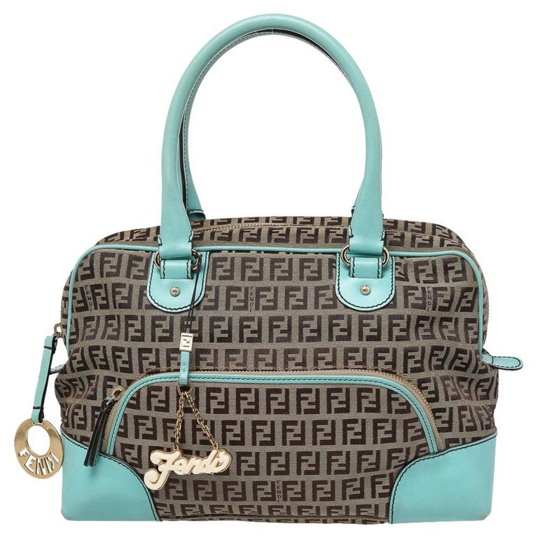 Fendi Brown/Turquoise Zucchino Canvas And Leather Satchel at 1stDibs