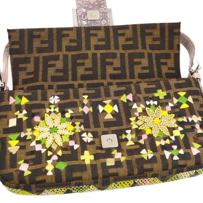 FENDI Brown Zucca Monogram Canvas Embroidered Yellow Pink Bead Top ...