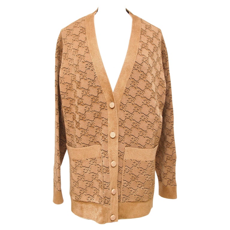 FENDI Cardigan Sweater Knit Long Sleeve KARLIGRAPHY Brown Pockets Sz 36 ...