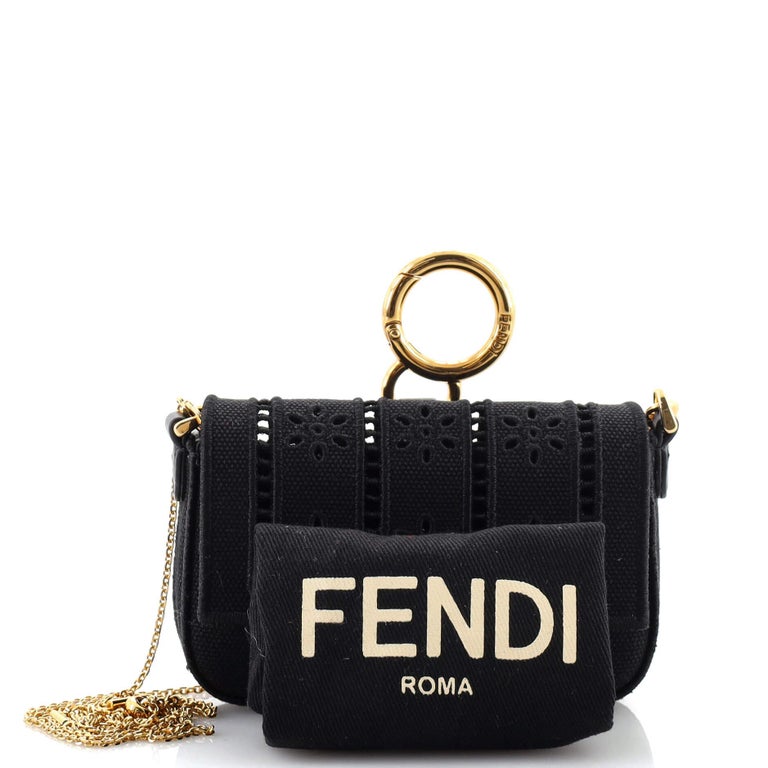 Fendi Chain Baguette Charm Bag Embroidered Canvas Nano For Sale at 1stDibs