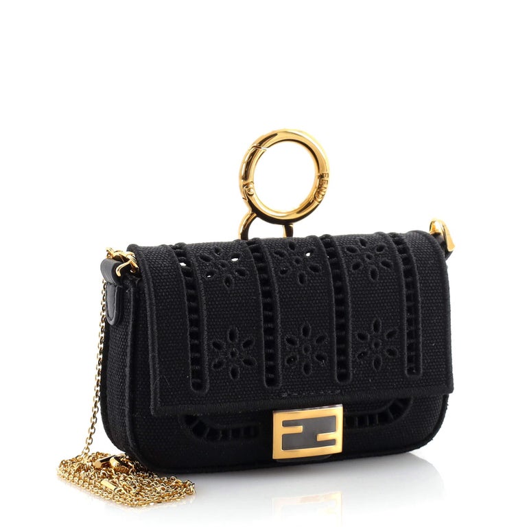 Fendi Chain Baguette Charm Bag Embroidered Canvas Nano For Sale at 1stDibs