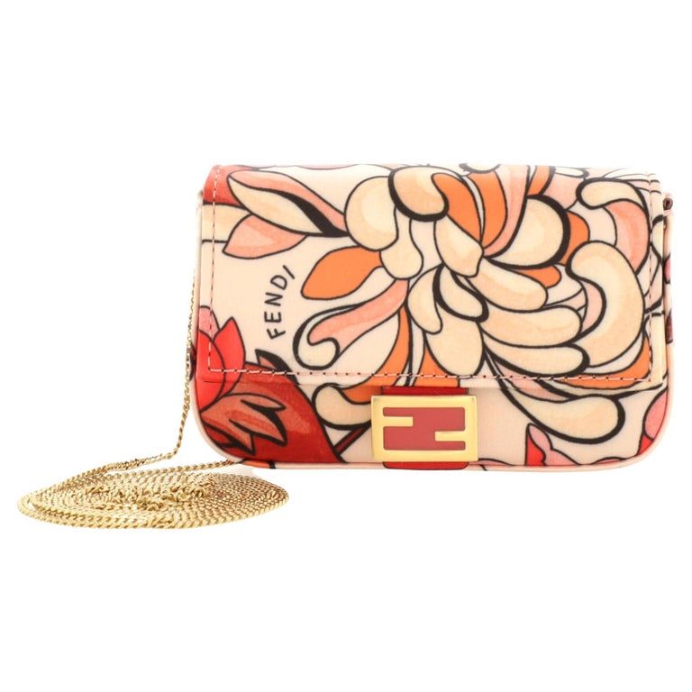 Fendi Chain Baguette Charm Bag Printed Satin Nano For Sale at 1stDibs