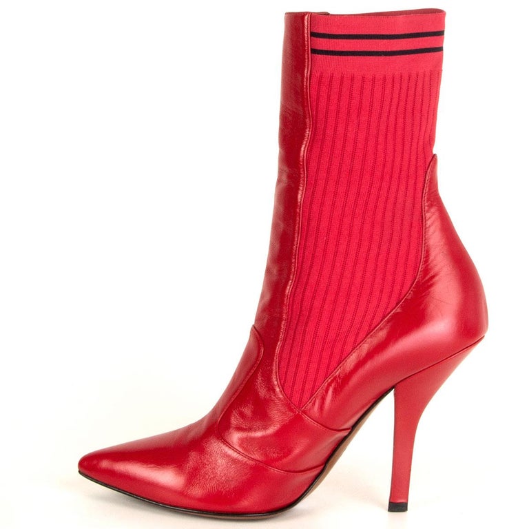FENDI cherry red leather SOCK Ankle Boots Shoes 39 at 1stDibs