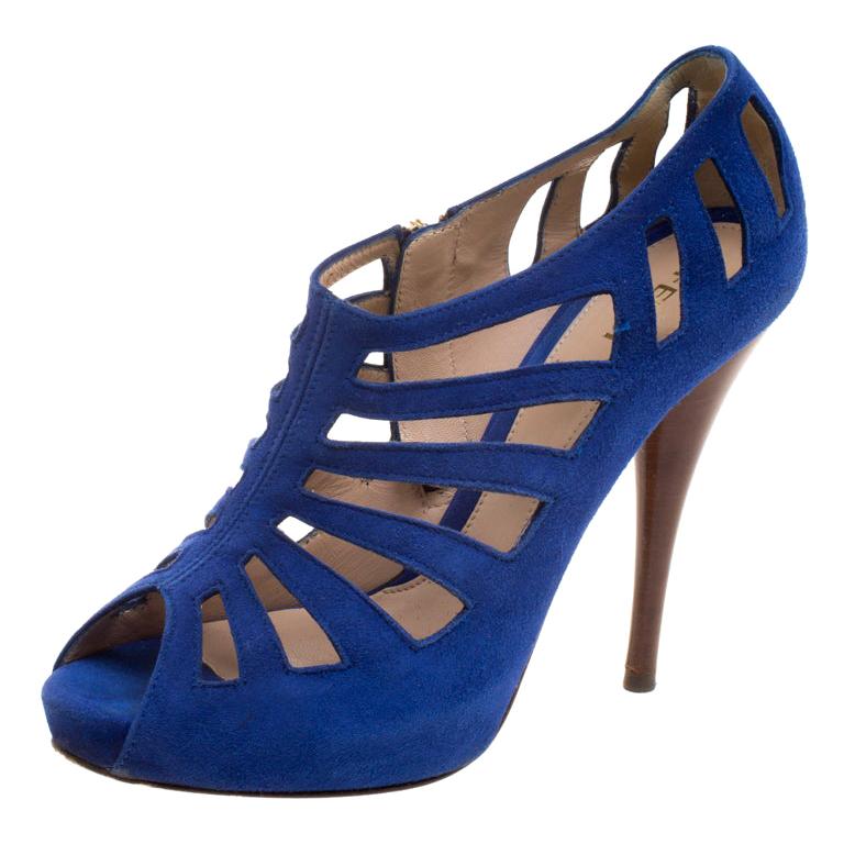 Fendi Cobalt Blue Suede Cut Out Booties Size 37 at 1stDibs