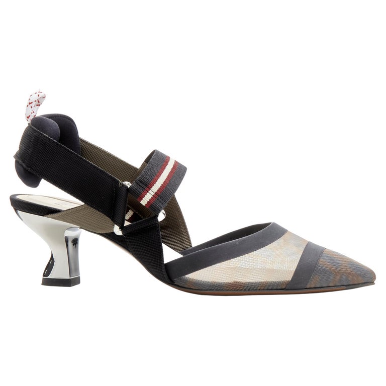 FENDI Colibri Runway FF Zucca mesh nylon strap silver mid heel pump ...