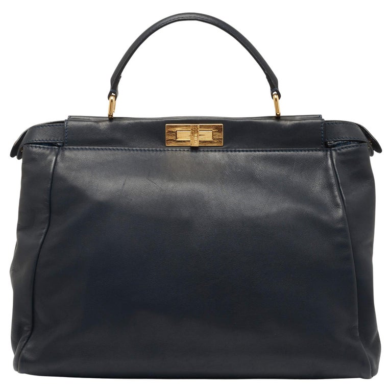 Fendi Dark Blue Leather Large Peekaboo Top Handle Bag For Sale at 1stDibs