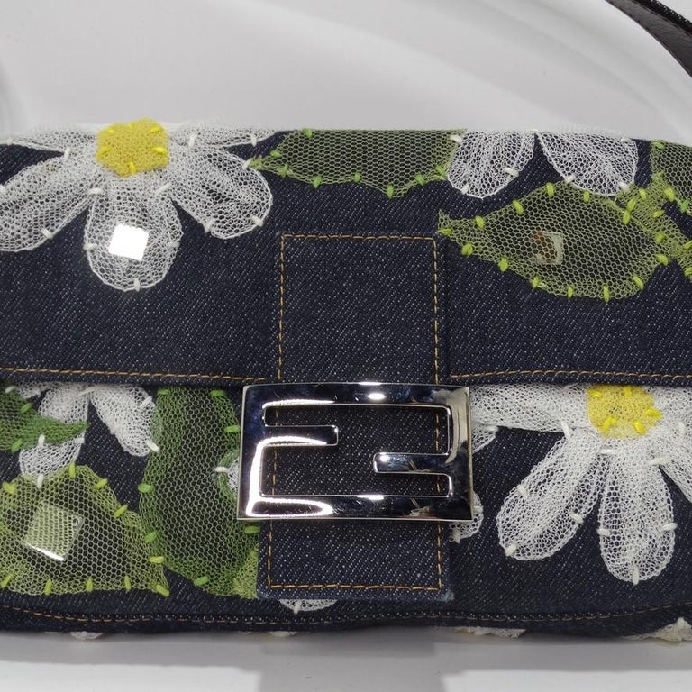 Fendi Denim Flower Embroidered Mama Baguette For Sale at 1stDibs