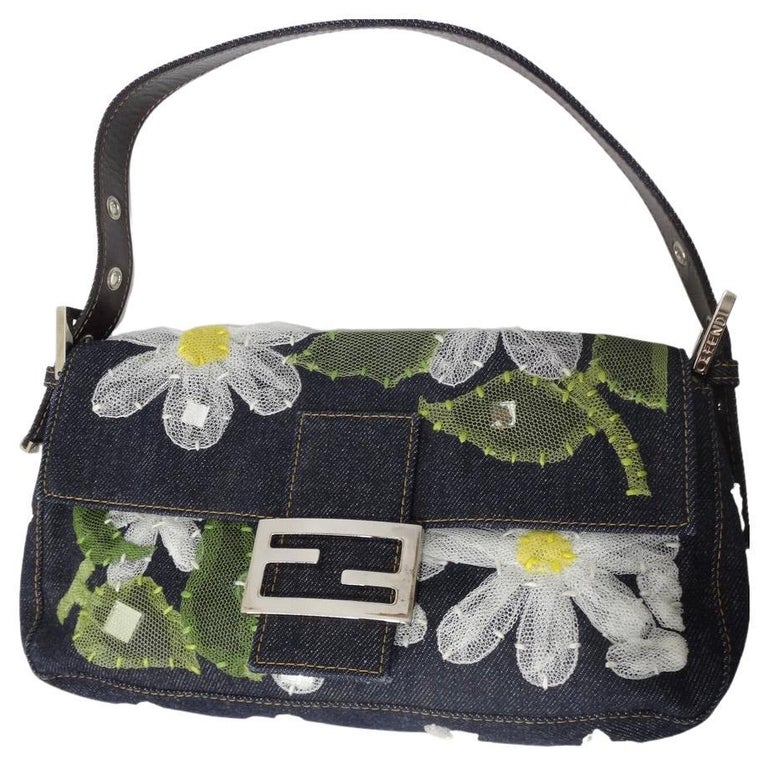 Fendi Denim Flower Embroidered Mama Baguette For Sale at 1stDibs