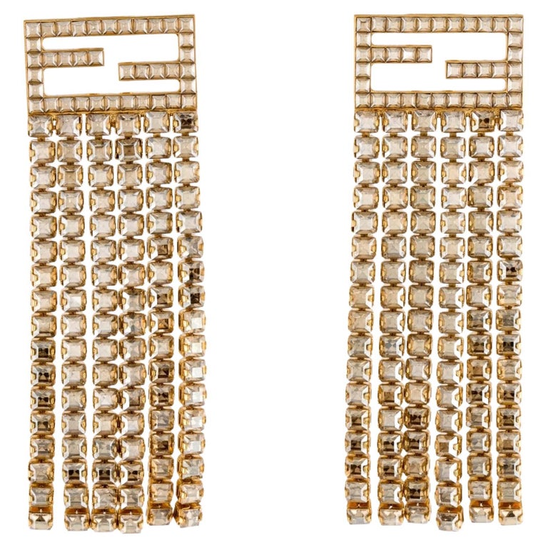 Fendi FF Crystal Gold Tone Drape Earrings For Sale at 1stDibs