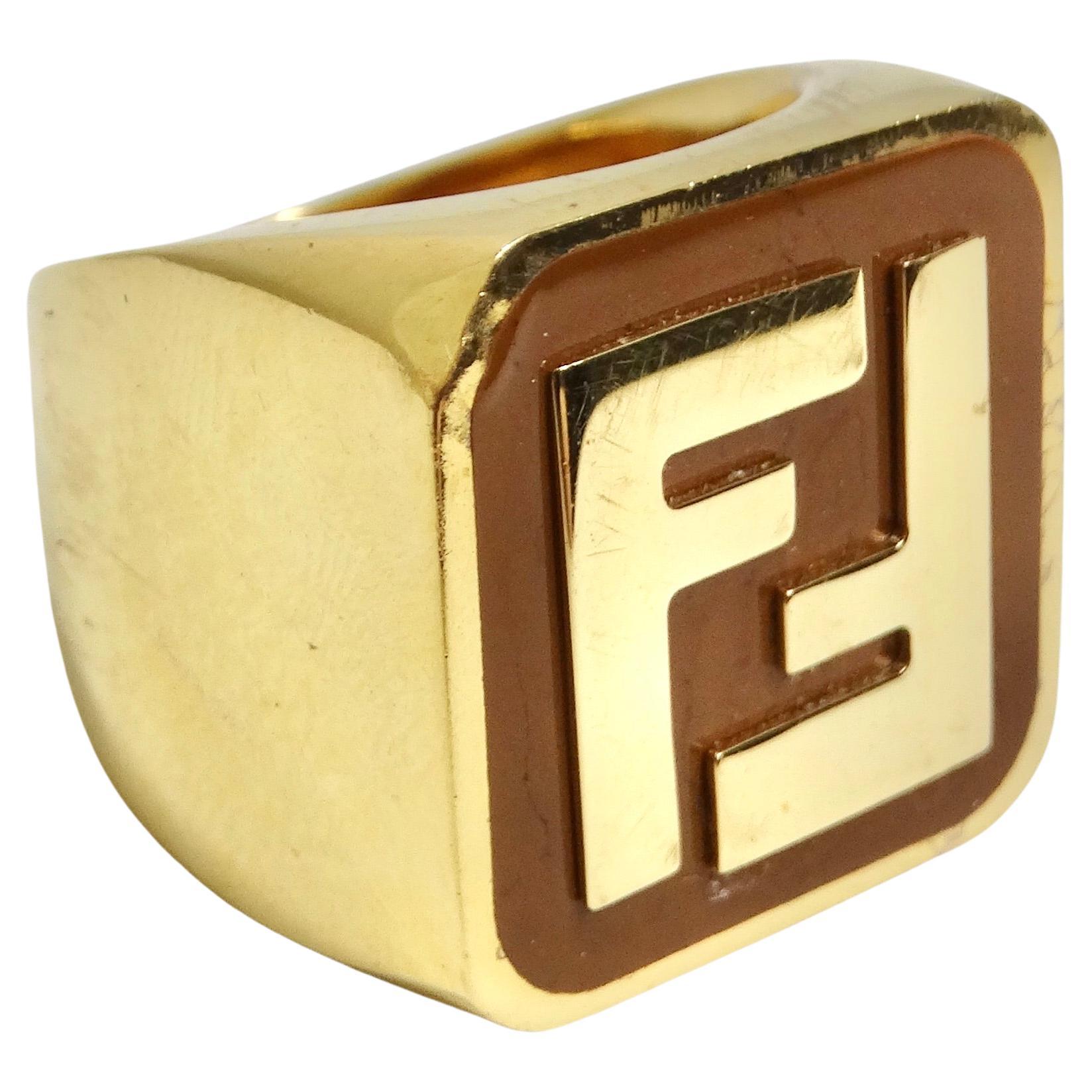 Fendi FF Logo Gold Tone Ring For Sale at 1stDibs
