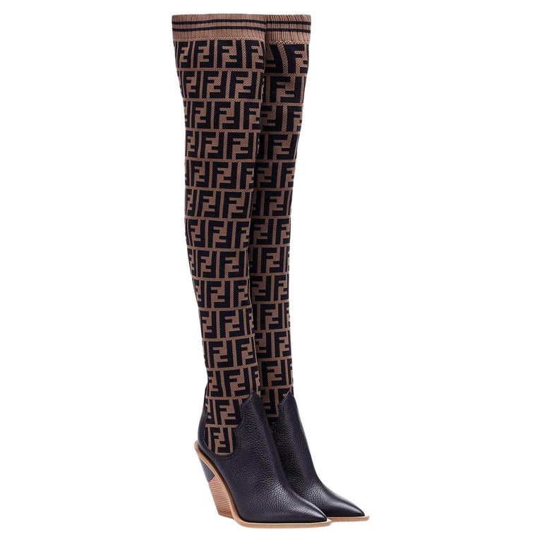 Fendi FF Stretch Knit Long Western Heeled Boots For Sale at 1stDibs