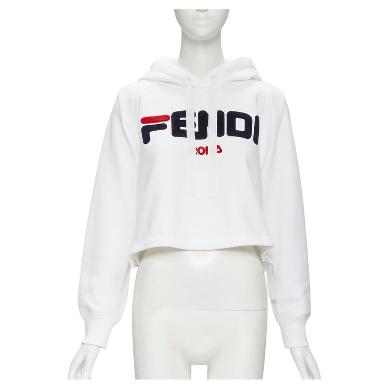 FENDI FILA ROMA velvet logo print white cotton cropped hoodie ...