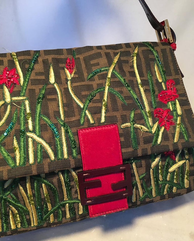 Fendi Floral Embroidered Beaded Monogram Zucca Print Large Baguette at ...