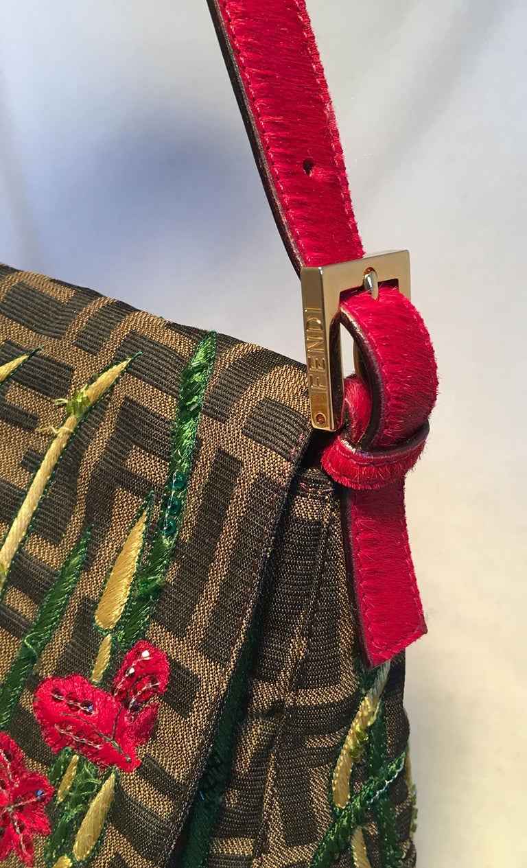 Fendi Floral Embroidered Beaded Monogram Zucca Print Large Baguette at ...