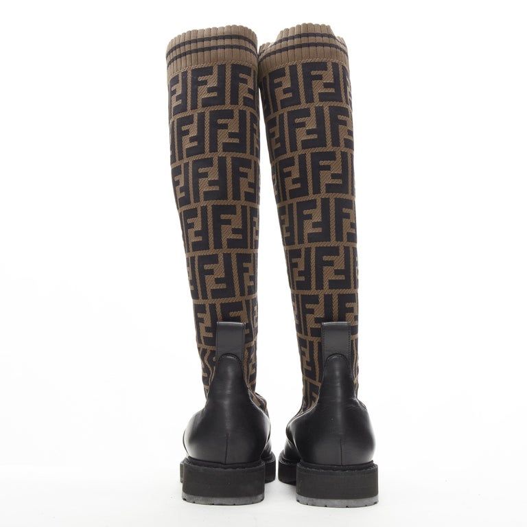 FENDI Forever FF Zucca monogram brown stretch knit black leather boot EU36 For Sale at 1stDibs