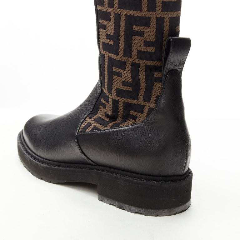 FENDI Forever FF Zucca monogram brown stretch knit black leather boot EU36 For Sale at 1stDibs