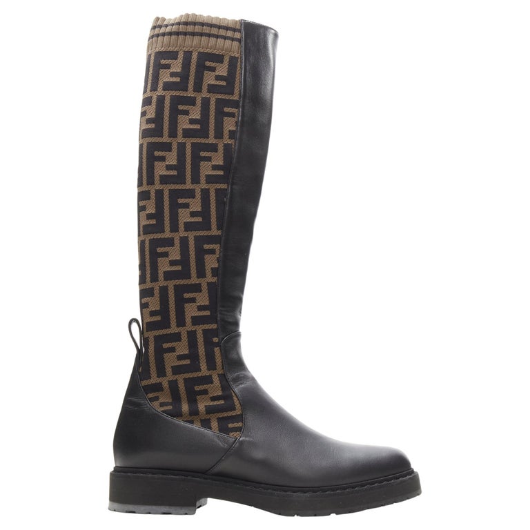 FENDI Forever FF Zucca monogram brown stretch knit black leather boot ...