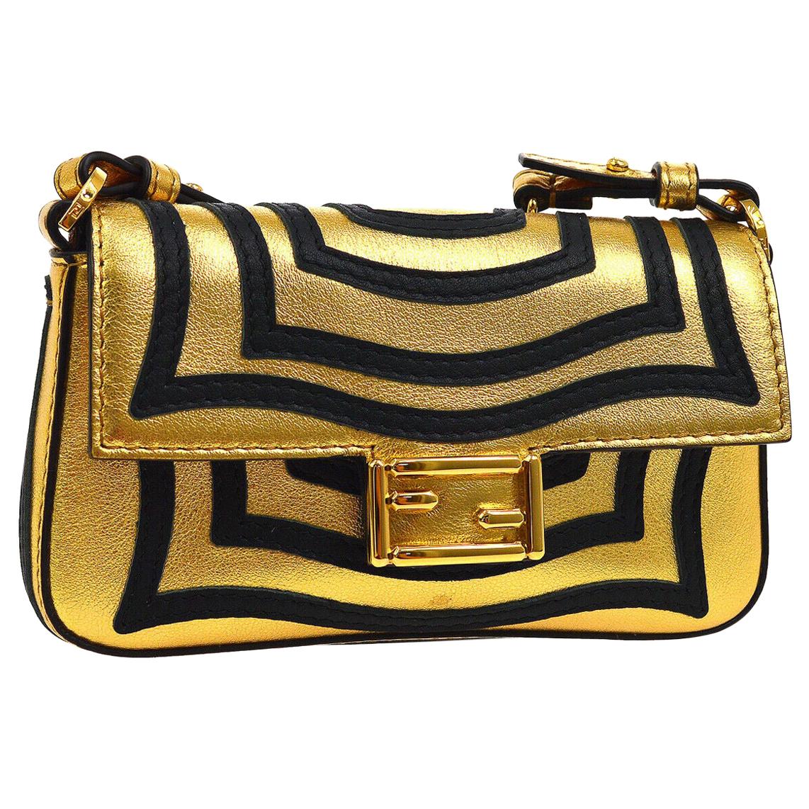 Fendi Gold Black Leather Mini Evening Shoulder Flap Bag For Sale at 1stDibs