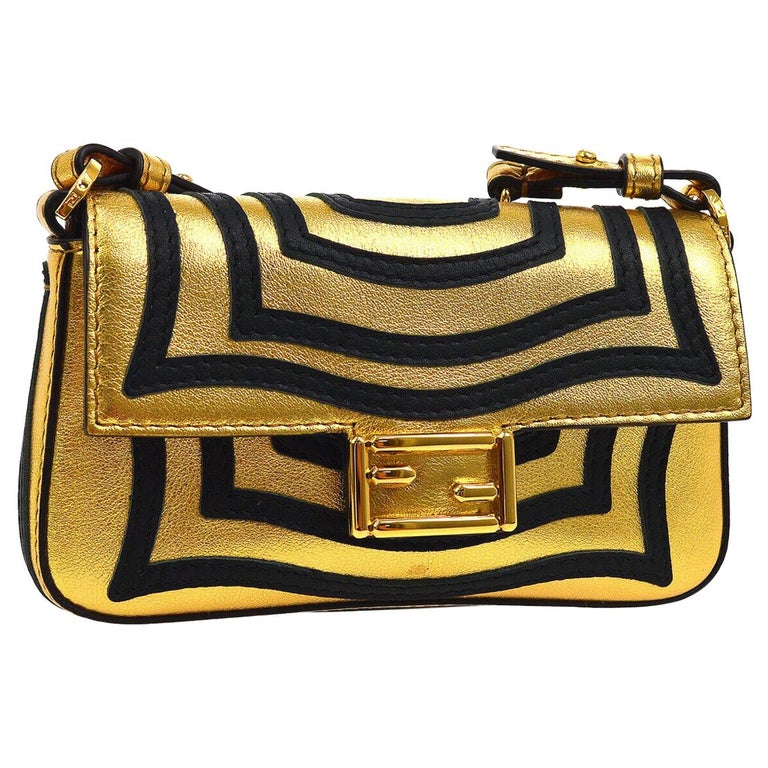 Fendi Gold Black Leather Mini Evening Shoulder Flap Bag For Sale at 1stDibs