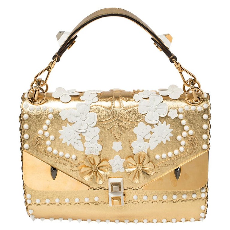 Fendi Gold Leather Floral Studded Kan I Shoulder Bag at 1stDibs