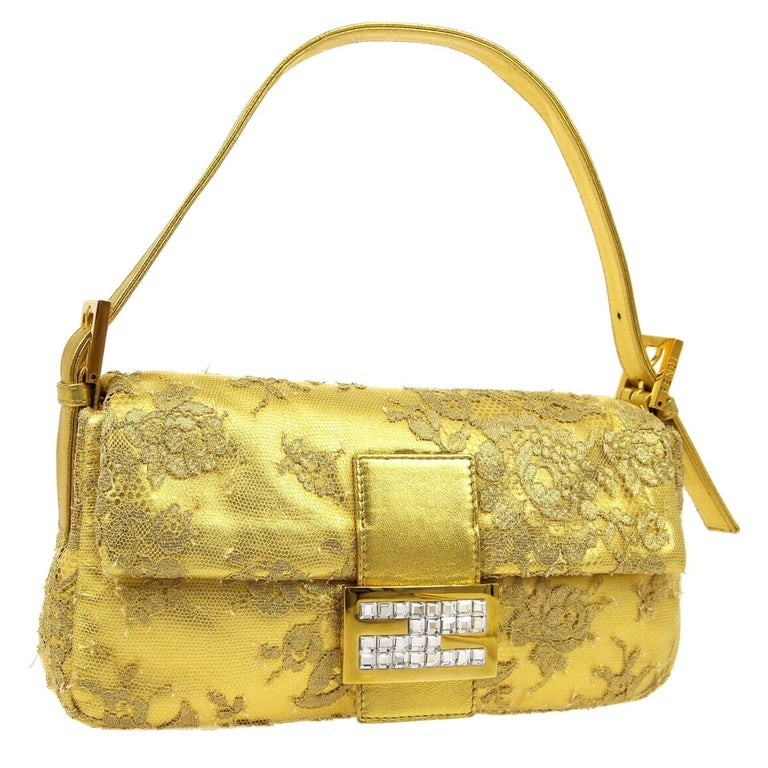 Fendi Gold Leather Lace Rhinestone EveningTop Handle Shoulder Pochette ...