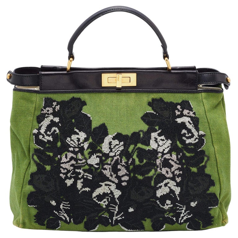 Fendi Green Black Canvas And Leather Beaded Large Peekaboo Top Handle