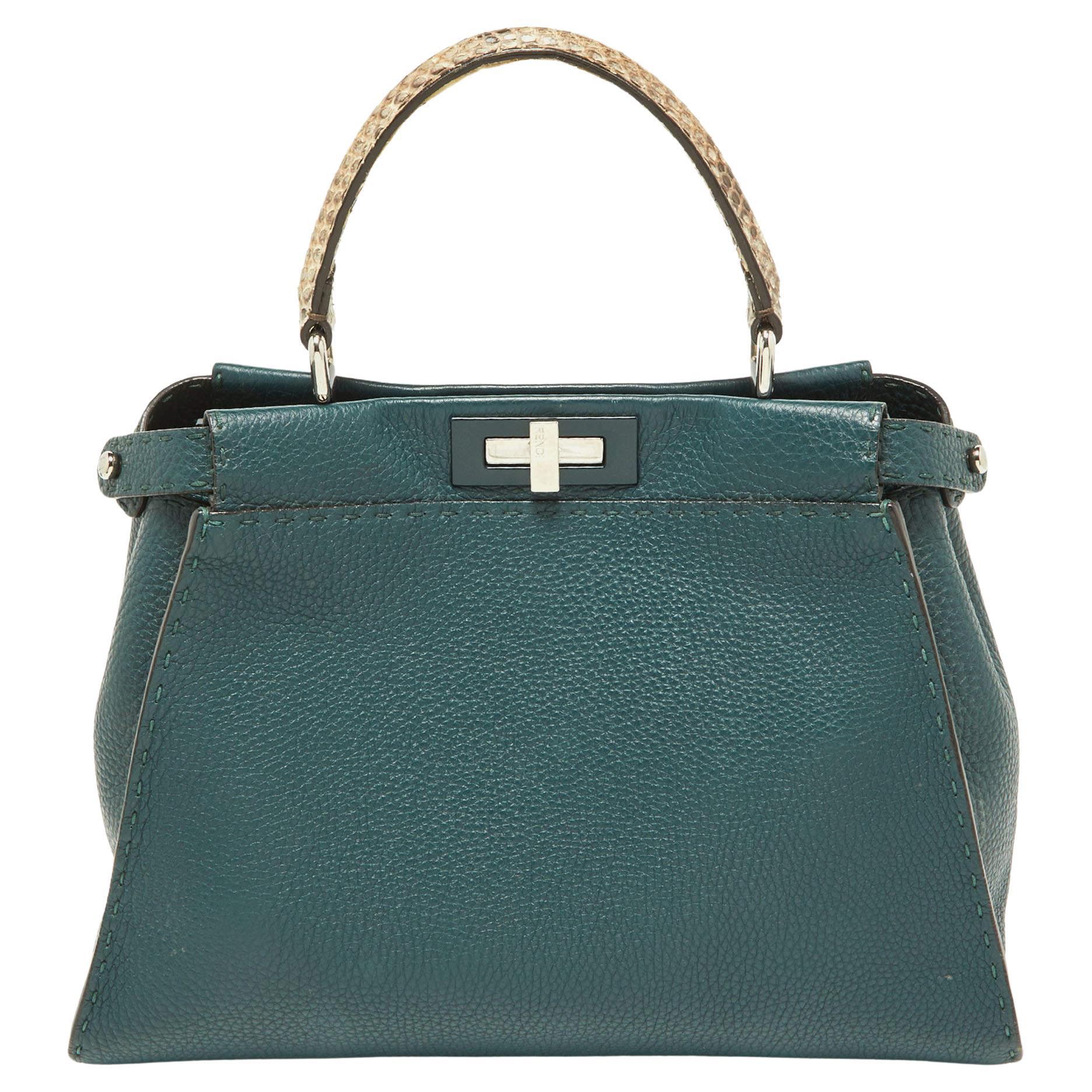 Fendi Green Selleria Leather And Python Medium Peekaboo Top Handle Bag
