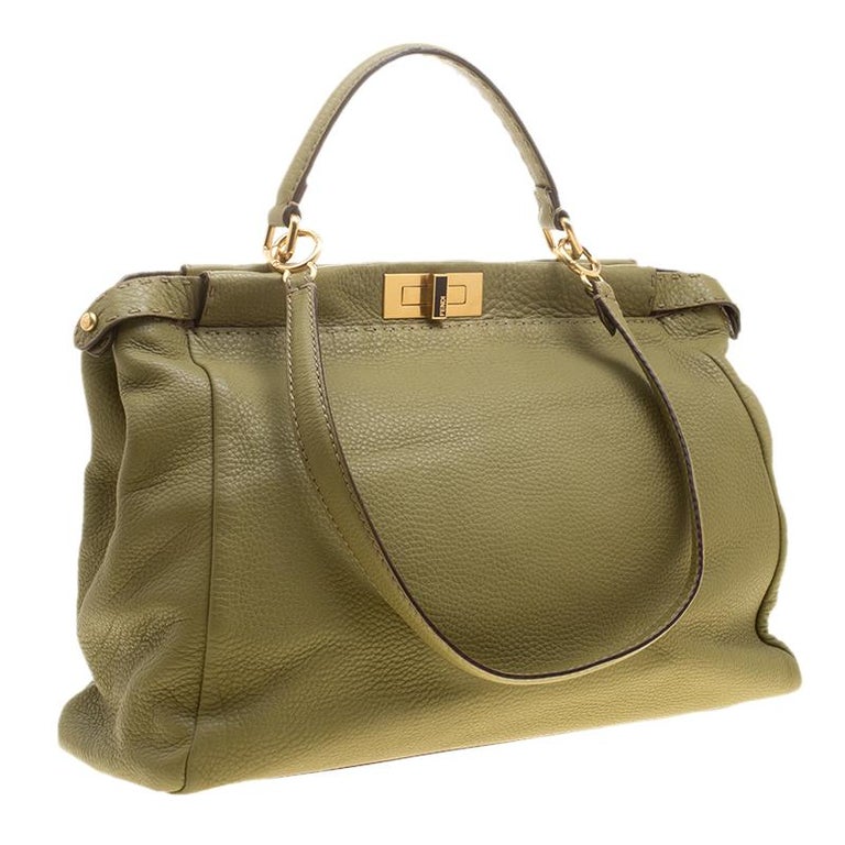 Fendi Green Selleria Leather Large Peekaboo Top Handle Bag For Sale At