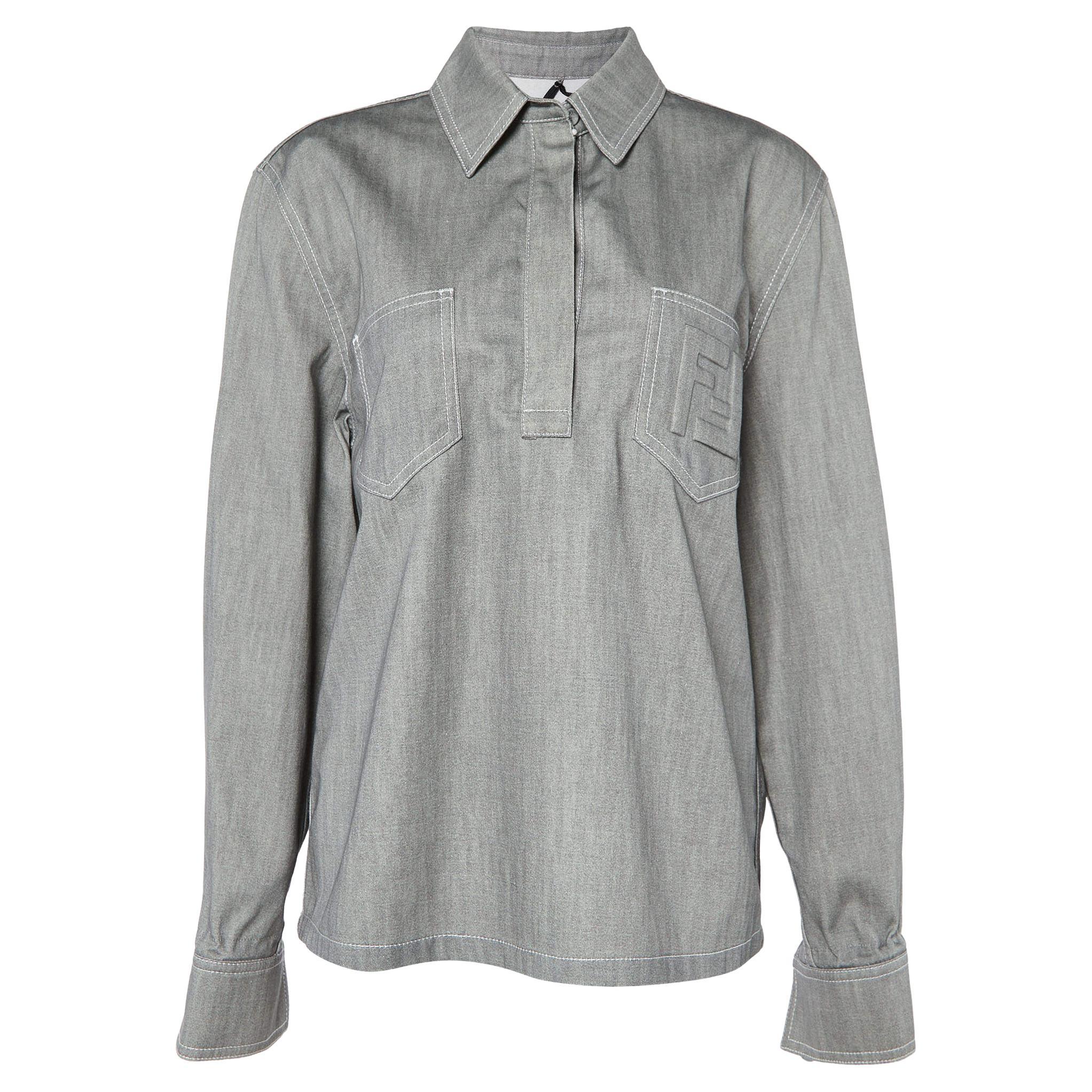 Fendi Grey Cotton Half Button Top For Sale at 1stDibs