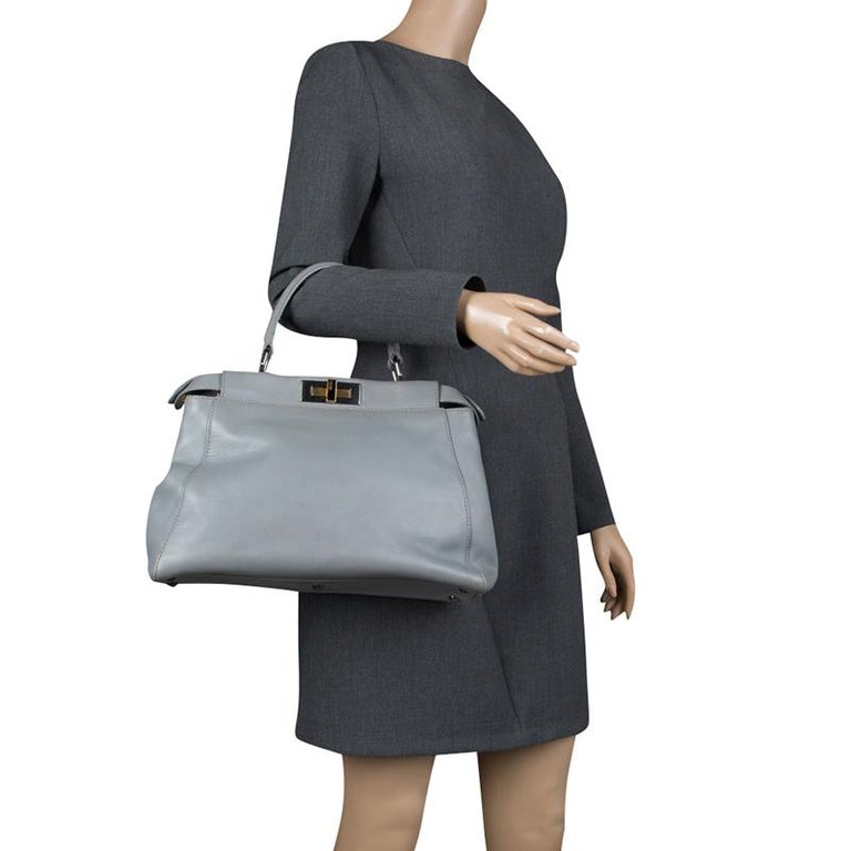 Fendi Grey Leather Medium Peekaboo Top Handle Bag For Sale At 1stdibs
