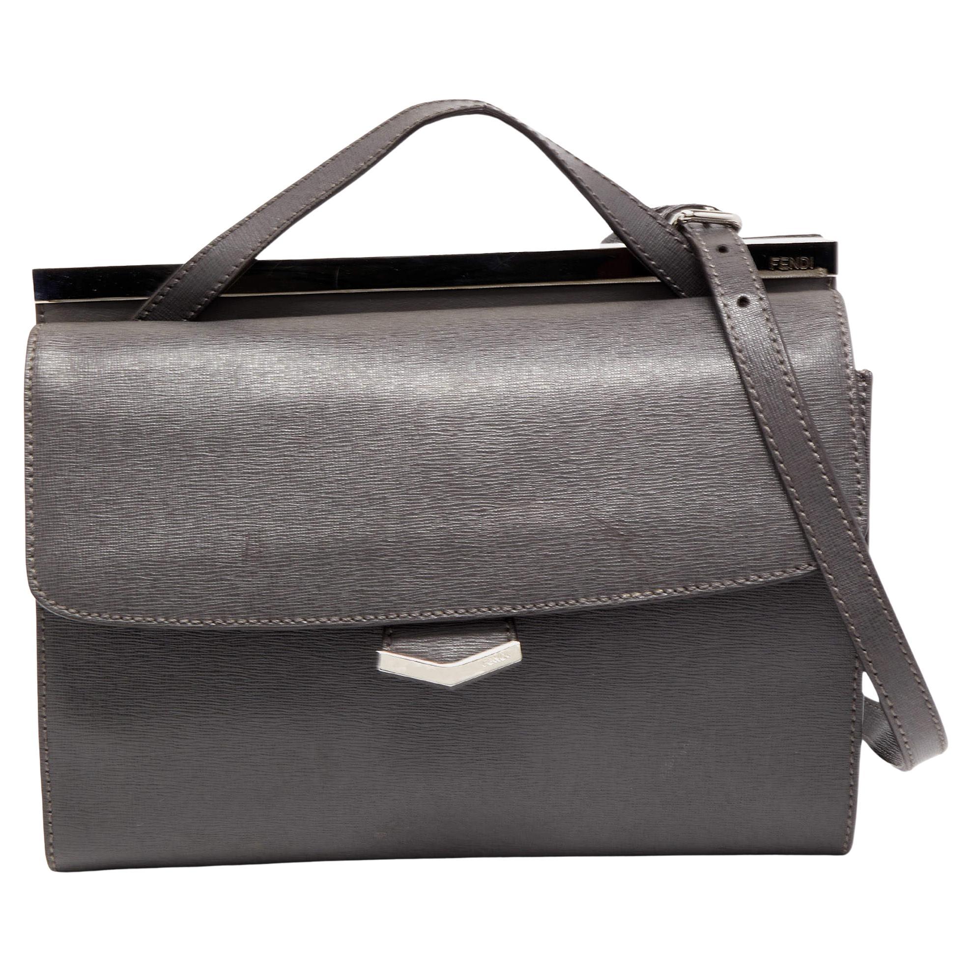 Fendi Grey Leather Small Demi Jour Top Handle Bag For Sale at 1stDibs