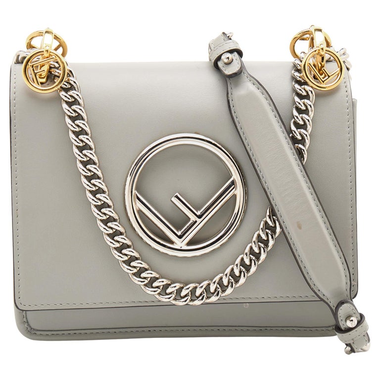 Fendi Grey Leather Small Kan I Flap Shoulder Bag For Sale at 1stDibs