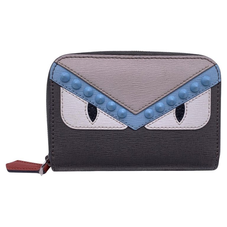 Fendi Grey Leather Studded Monster Eyes Small Zip Wallet Coin Purse For ...