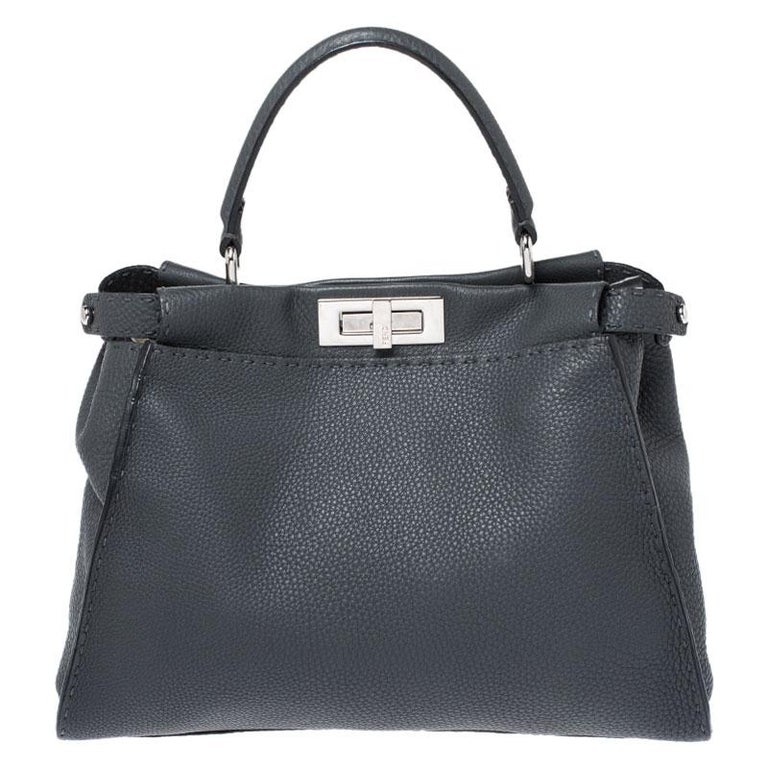 Fendi Grey Selleria Leather Medium Peekaboo Top Handle Bag For Sale At