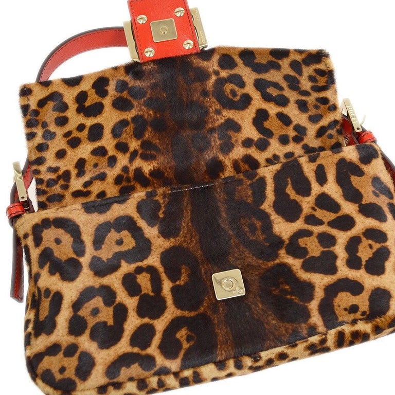 FENDI Leopard Black Brown Tan Cognac PonyHair Red Leather Baguette Flap ...