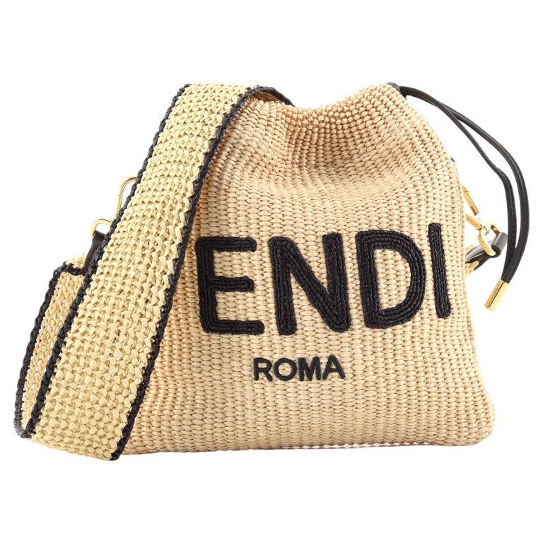 Fendi Logo Drawstring Bag Raffia with Leather For Sale at 1stDibs
