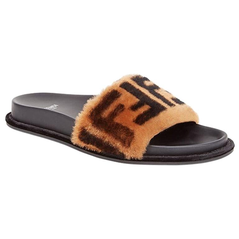 Fendi Logo-Print Shearling Slides at 1stDibs